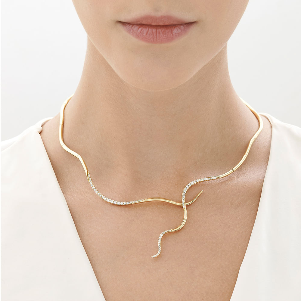 Colar de ouro amarelo 18K com diamantes - Maior - Coleção Snake Motif ...